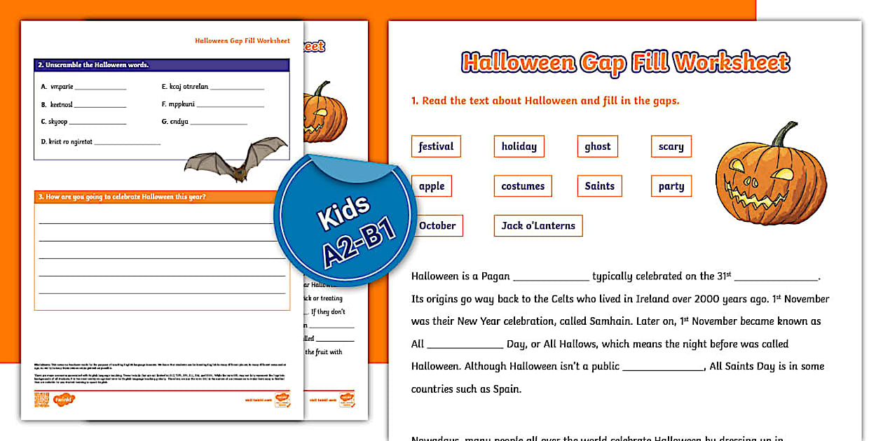 ESL Halloween Gap Fill Worksheet [Kids, A2-B1] - Twinkl
