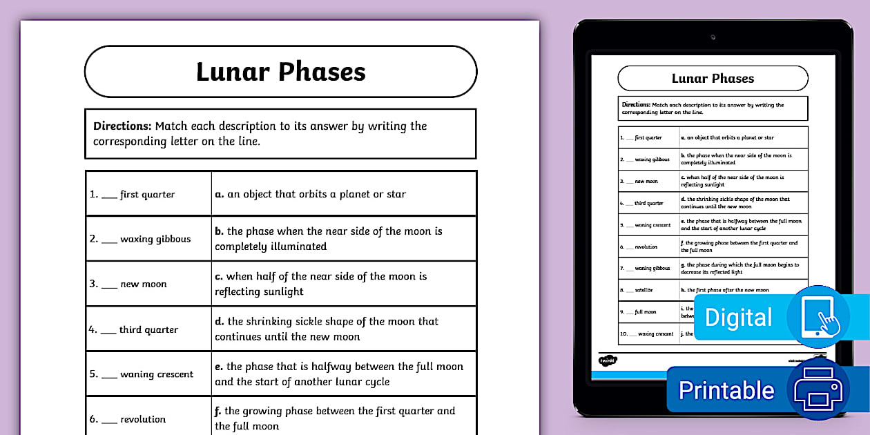 Sixth Grade Lunar Phases Matching Assessment