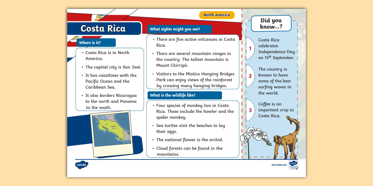 KS1 Costa Rica Fact File - Geography (Teacher-Made) - Twinkl