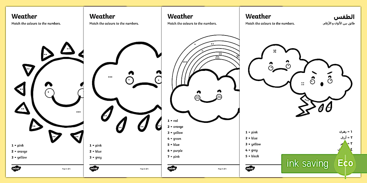 Weather Colour by Number Counting Worksheet Worksheet Arabic/English ...