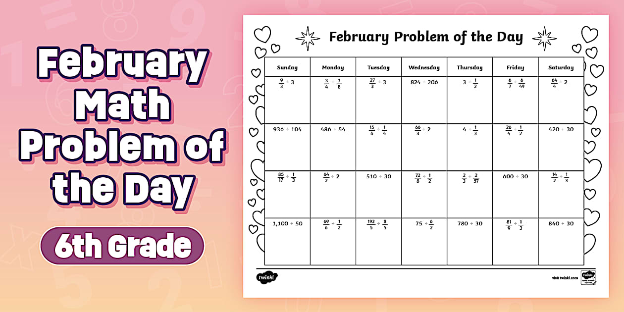 Sixth Grade February Math Problem of the Day Calendar