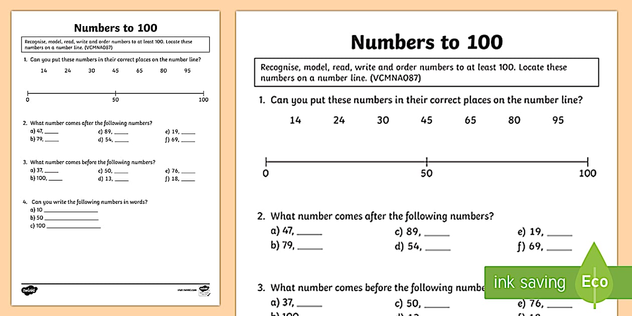 QLD Recognise, Read and Write Numbers up to 100 Worksheets