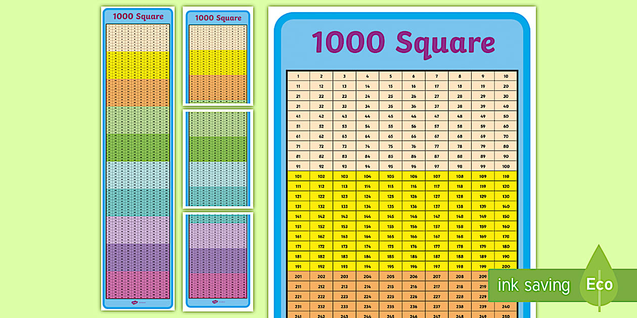 Black and White 1000 Number Square With Rows of 10 - Twinkl