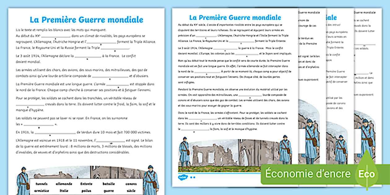 Texte à trous de la Première Guerre mondiale - Twinkl