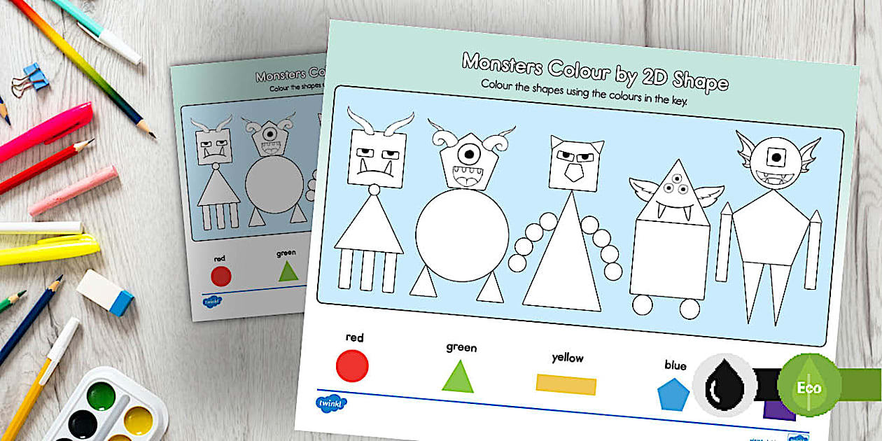 2D Shape Monsters: Colour and Code (teacher made) - Twinkl