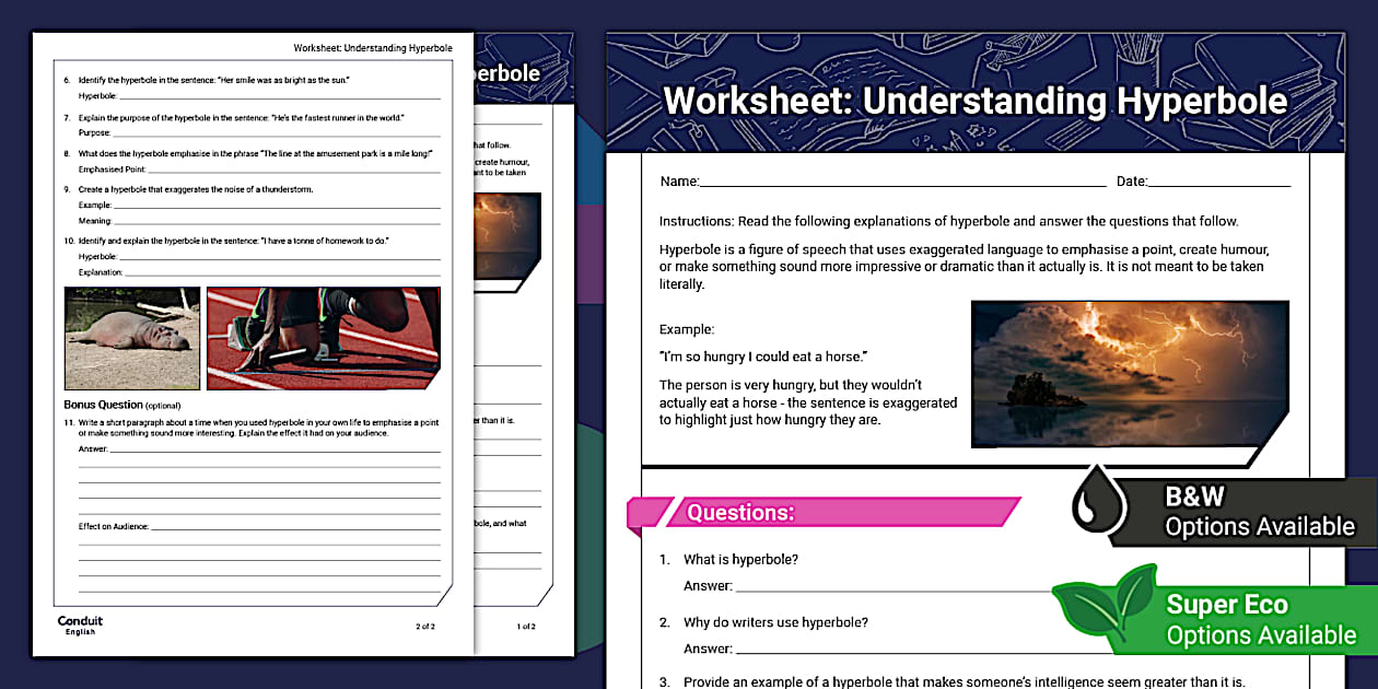Understanding Hyperbole Worksheet (teacher made) - Twinkl