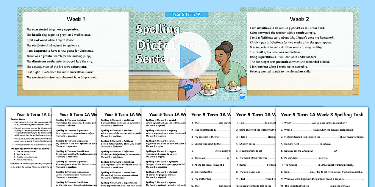 Year 5 Term 1A Spelling Dictation Sentences Activity Pack