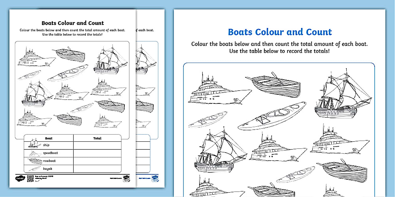 👉 Boats Colour and Count Worksheet - Maths - Twinkl