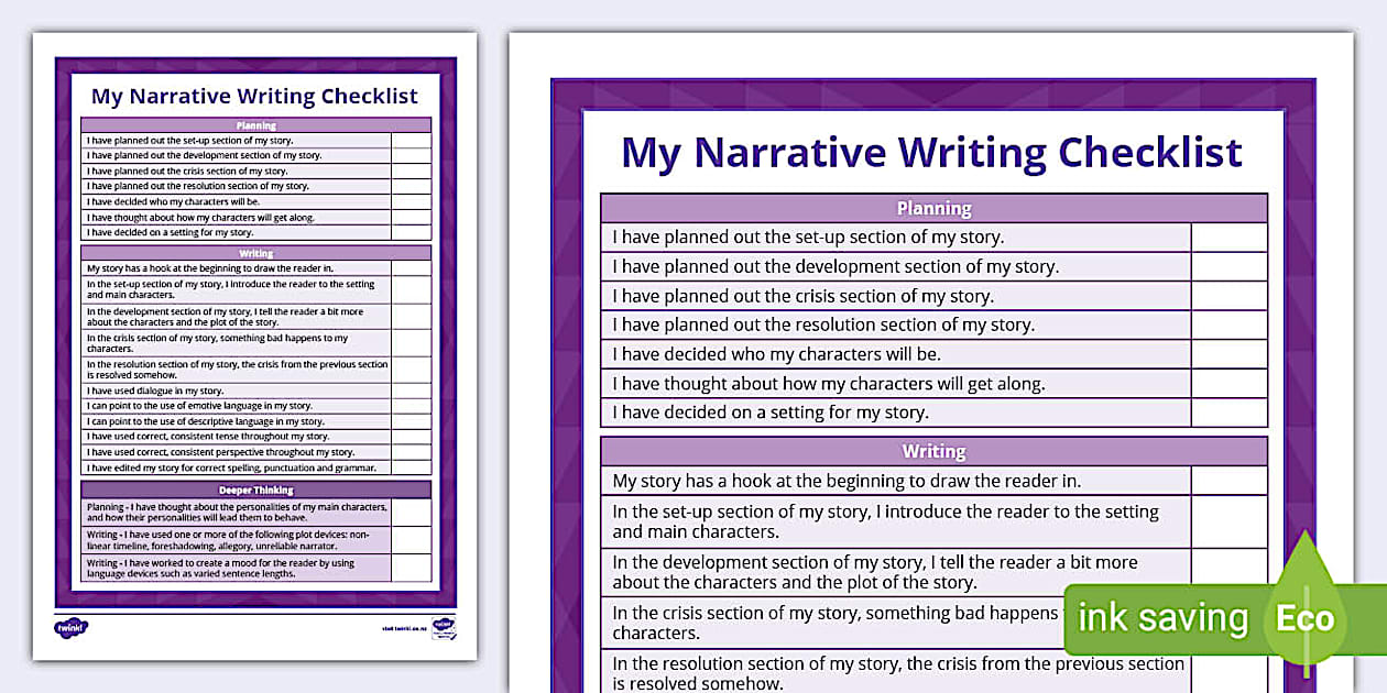 Year 7-8 Narrative Writing Self Assessment Checklist