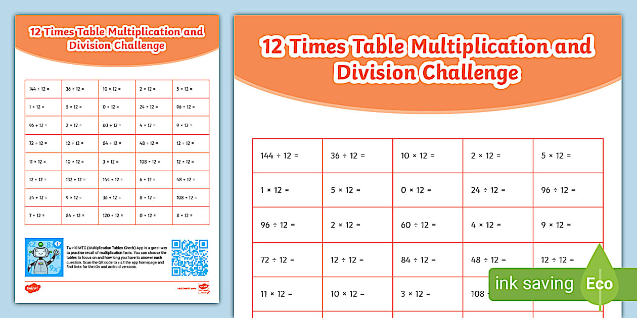👉 12 Times Table Multiplication and Division Challenge Activity Sheet