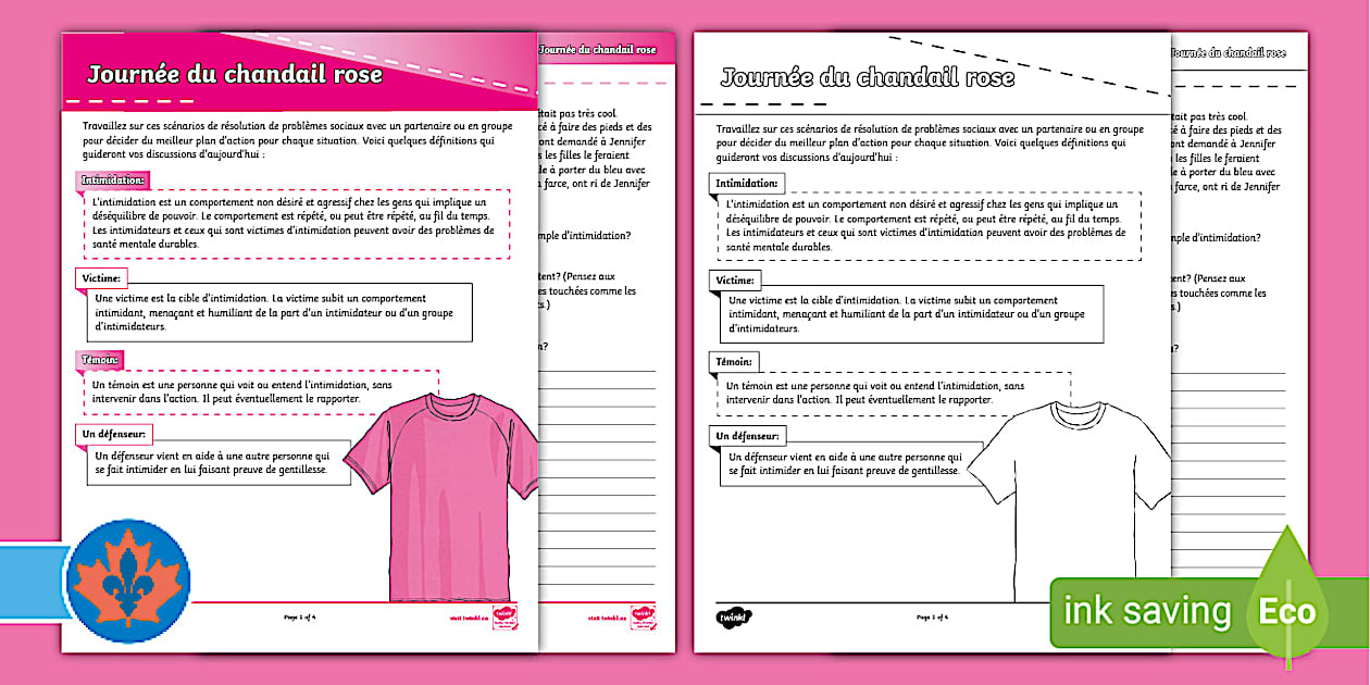 Pink Shirt Day Social Problem Solving Worksheet French