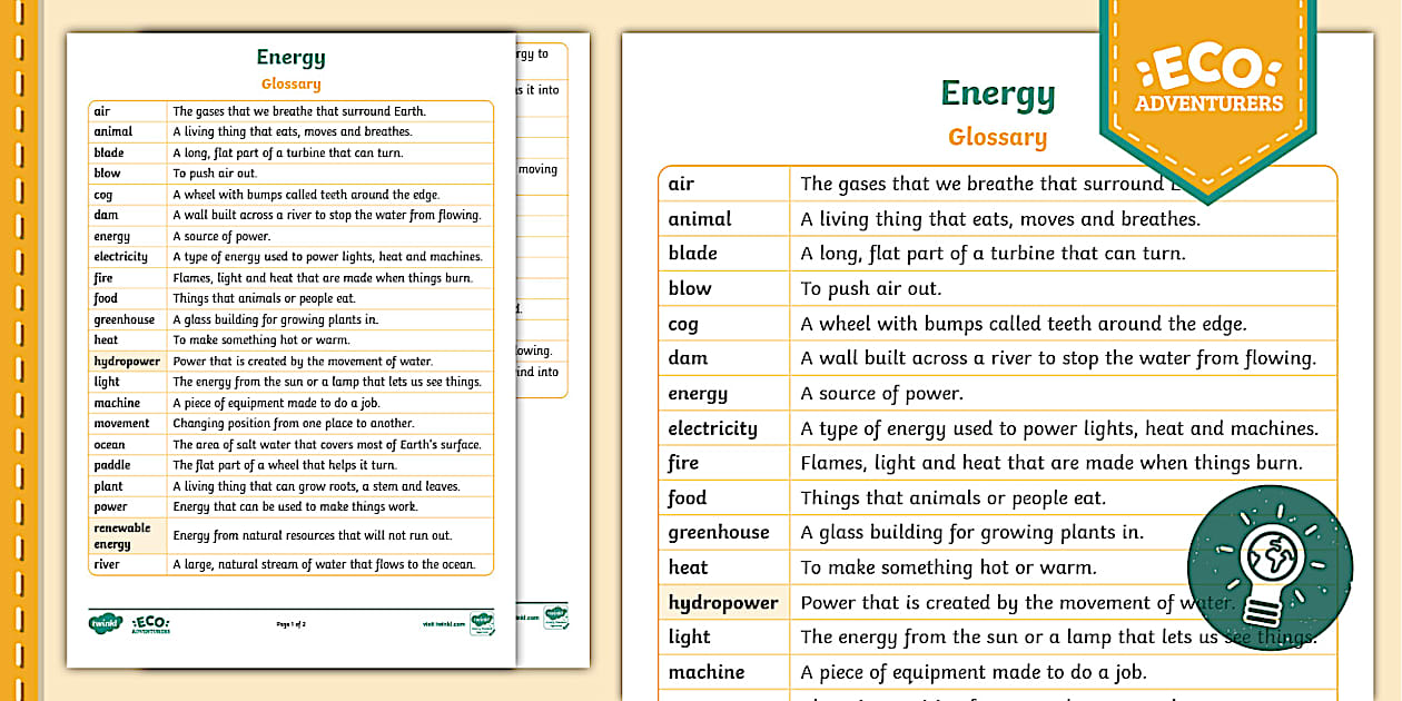 Year 1 Energy: Key Vocabulary Glossary (teacher made)