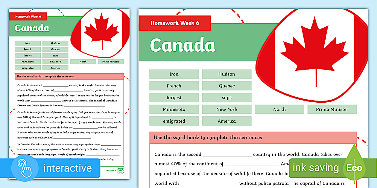Cloze Procedure Homework Week 6 Canada 3rd/4th Class