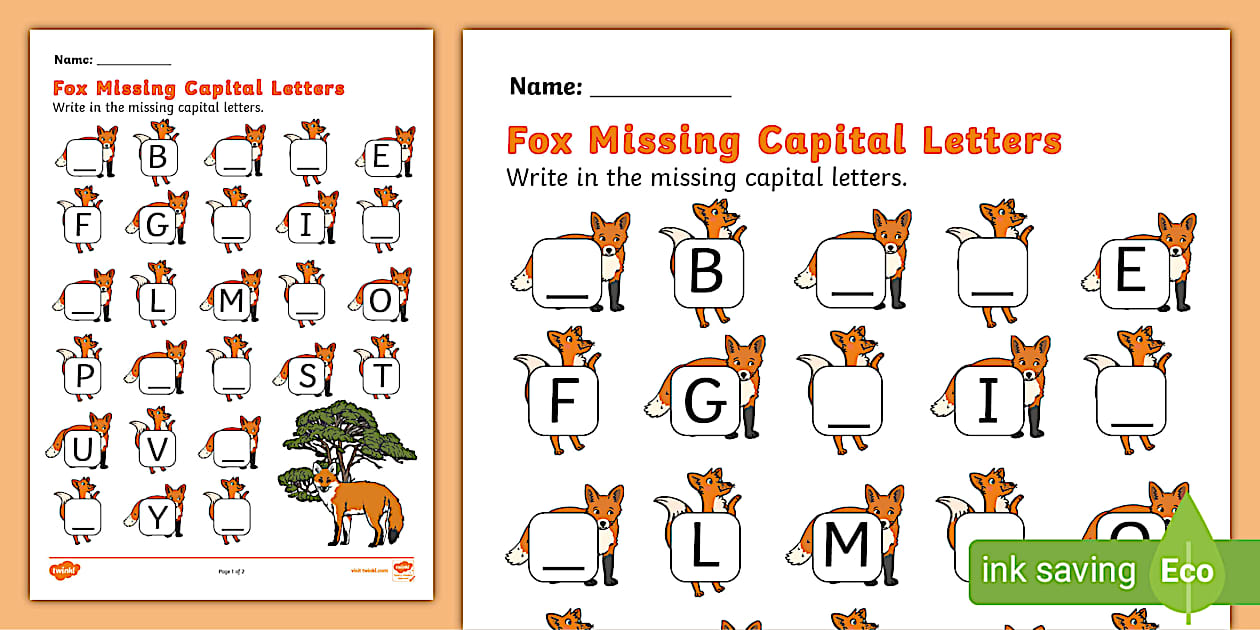 Fox Missing Capital Letters Worksheet | Twinkl KS1 Alphabet