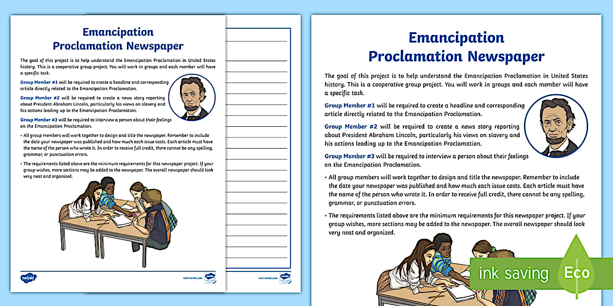 Emancipation Proclamation Newspaper Group Worksheet - Twinkl