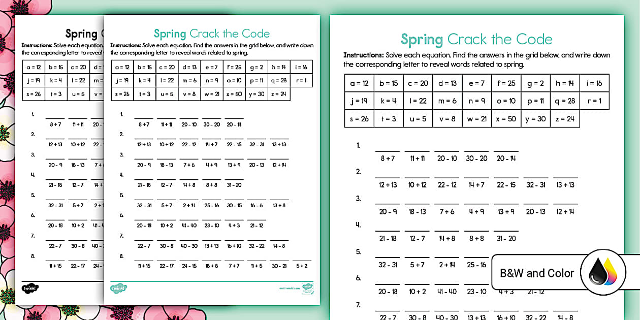 Spring Crack the Code Worksheet | Math | Twinkl USA - Twinkl