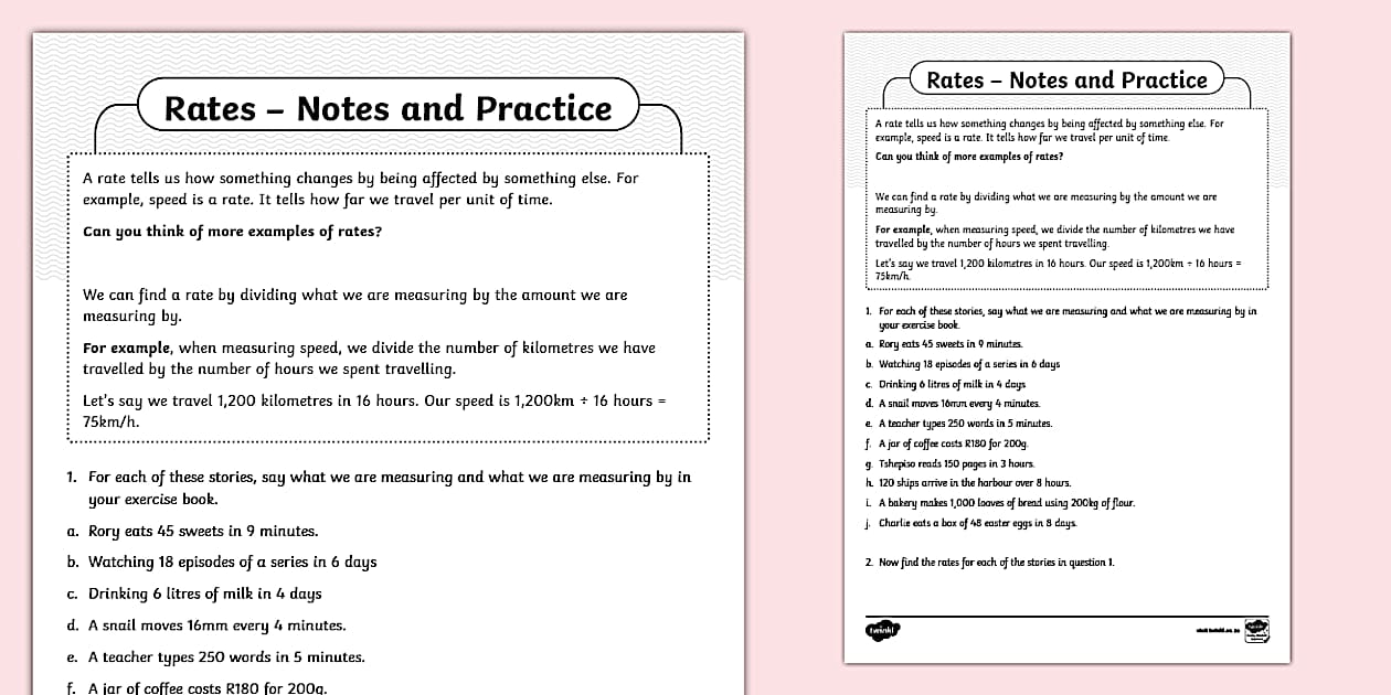 Rates – Notes and Practice Activity Sheet (teacher made)
