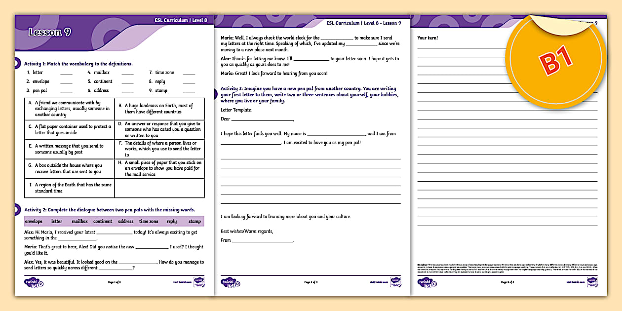 ESL Curriculum Level 8, Lesson 9 Worksheet (teacher made)