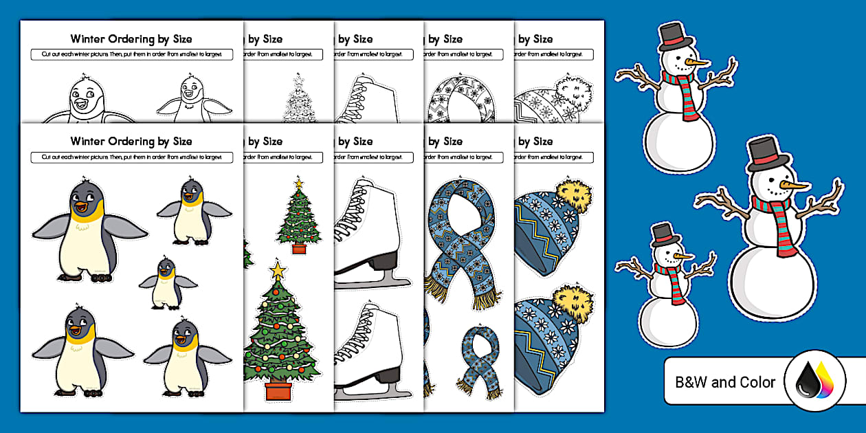 Kindergarten Winter Ordering by Size Worksheet - Twinkl