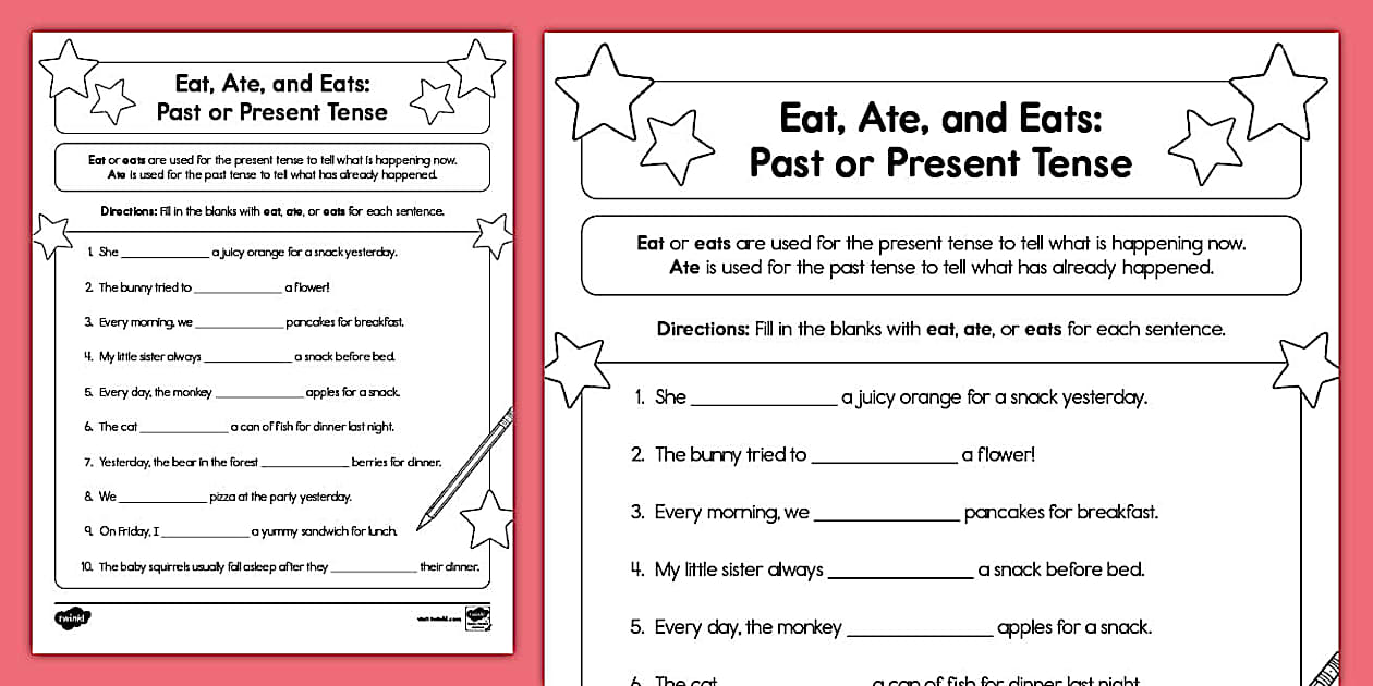 Eat, Ate, and Eats: Past or Present Tense Worksheet - Twinkl