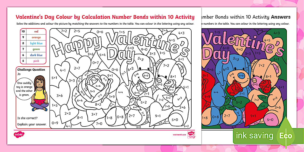 👉 Valentine's Number Bonds within 10 Colour by Calculation