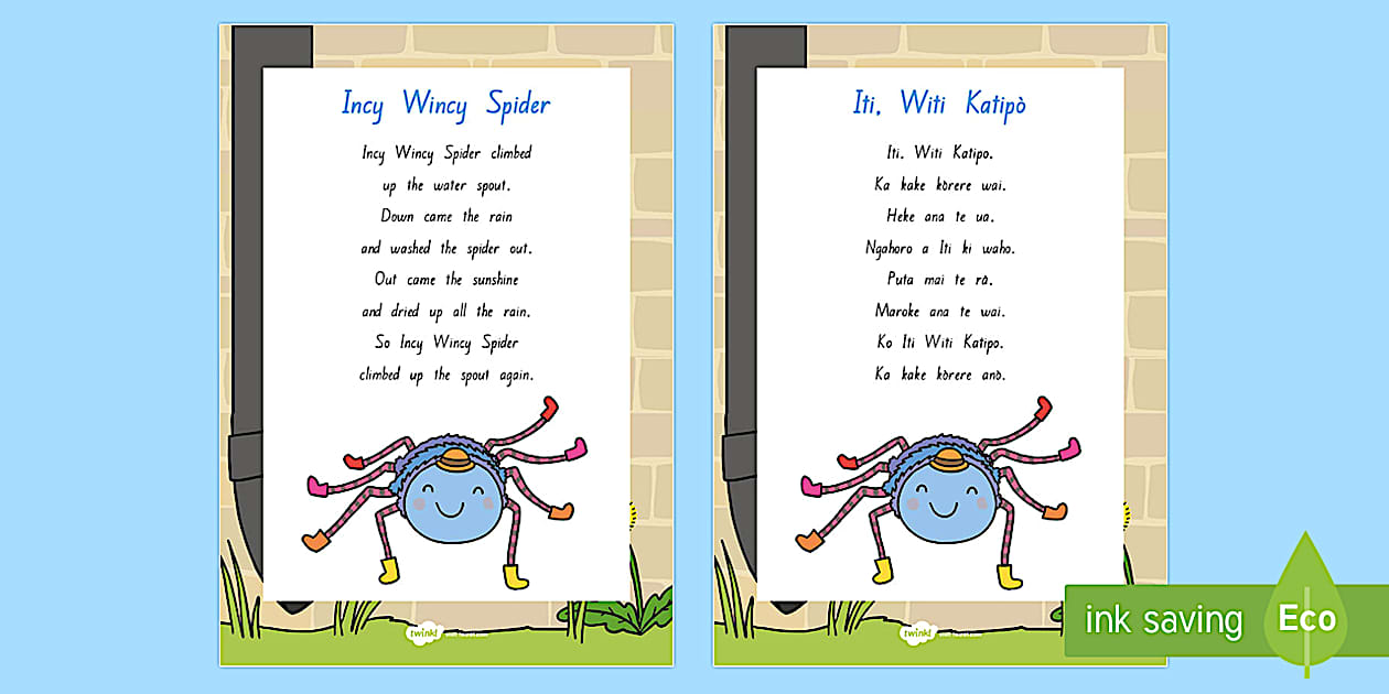 Incy Wincy Spider Display Poster - English/Te Reo Māori