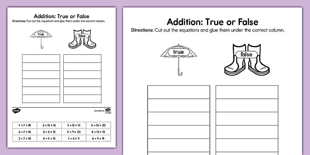 First Grade Spring Addition to 20 True False Cut and Paste