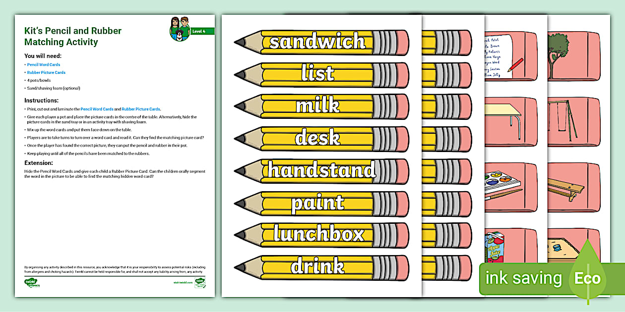 Level 4 Back to School Kit's Pencil and Rubber Matching Activity