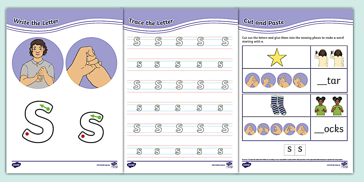 Letter S Handwriting Worksheets with Auslan (teacher made)