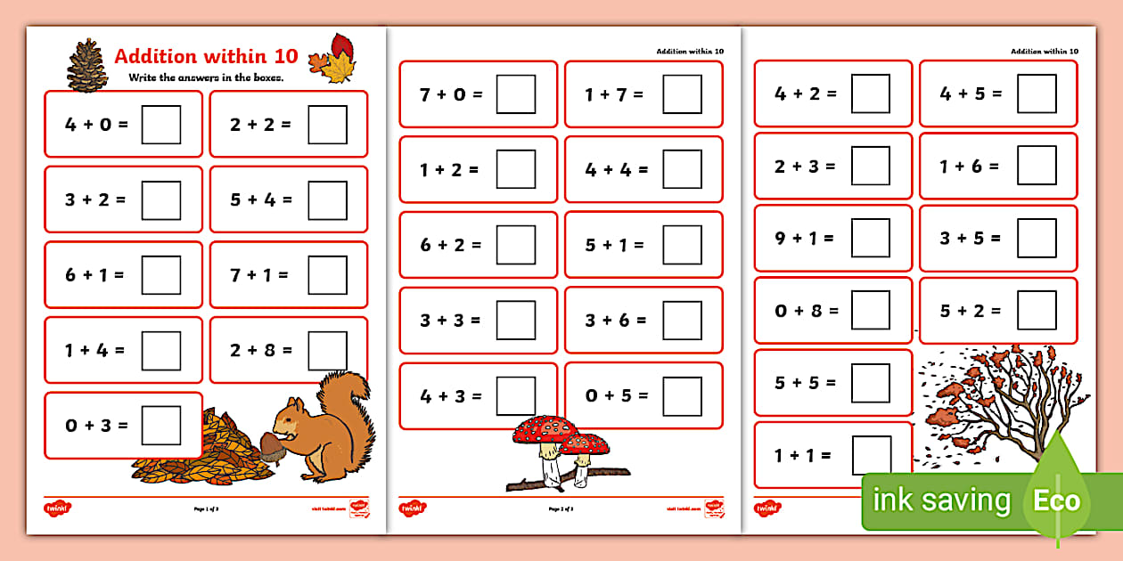Autumn-Themed Addition Within 10 Worksheet - Twinkl