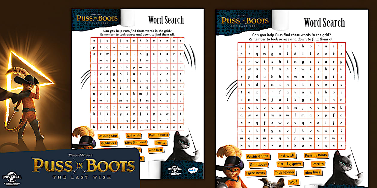 FREE! - Puss in Boots Word Search (teacher made) - Twinkl