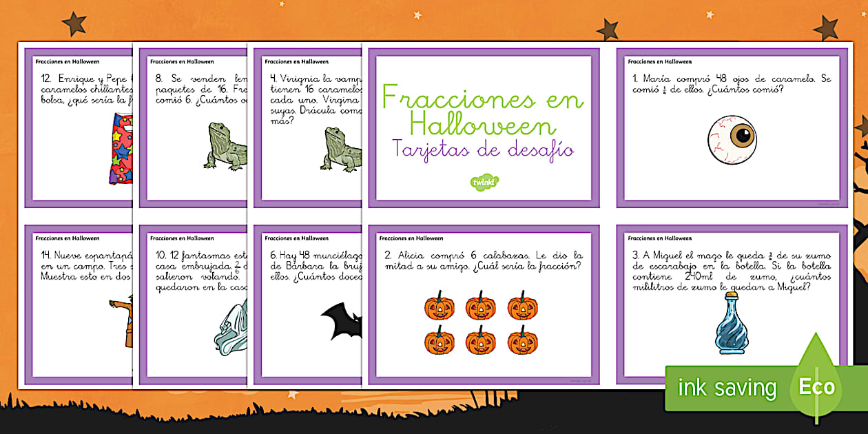 Tarjetas de desafío de matemáticas - Fracciones en Halloween