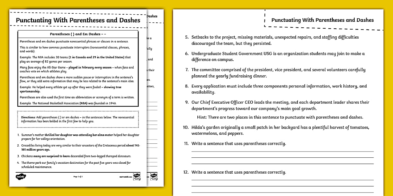 Sixth Grade Punctuating with Parentheses & Dashes Worksheet