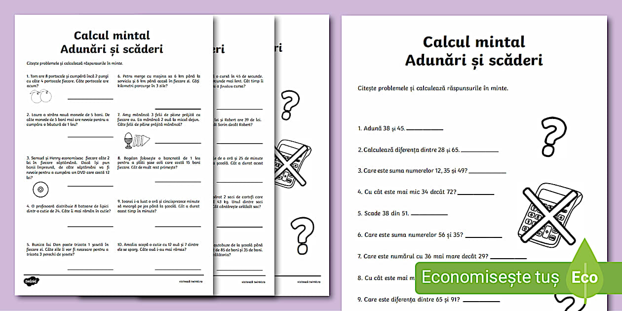 Calcul mintal – Fișe de lucru cu adunări și scăderi 0-100
