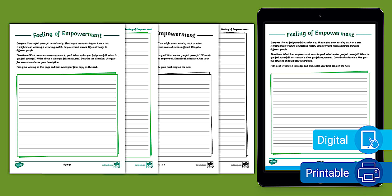 Feeling of Empowerment Writing Worksheet for 6th-8th Grade