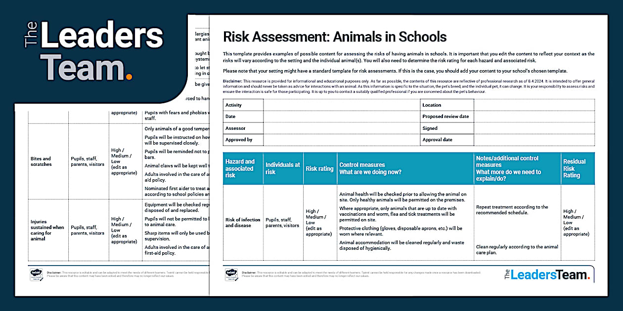 Animals In School Risk Assessment - Editable Template