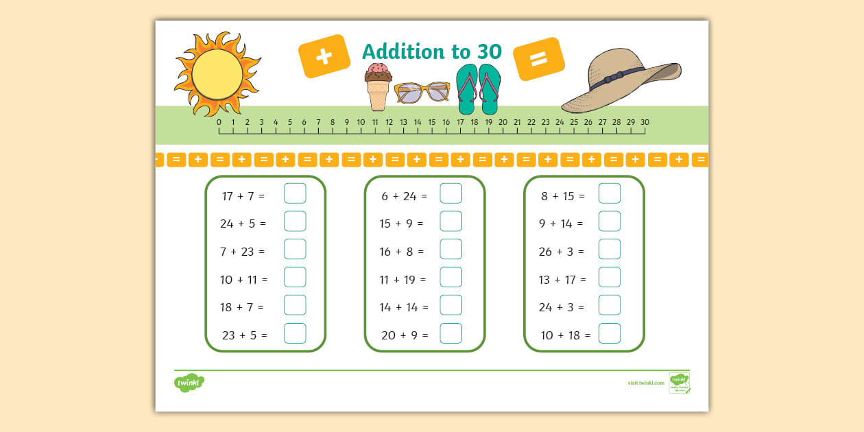 Summer-Themed Addition to 30 Activity Sheet (teacher made)