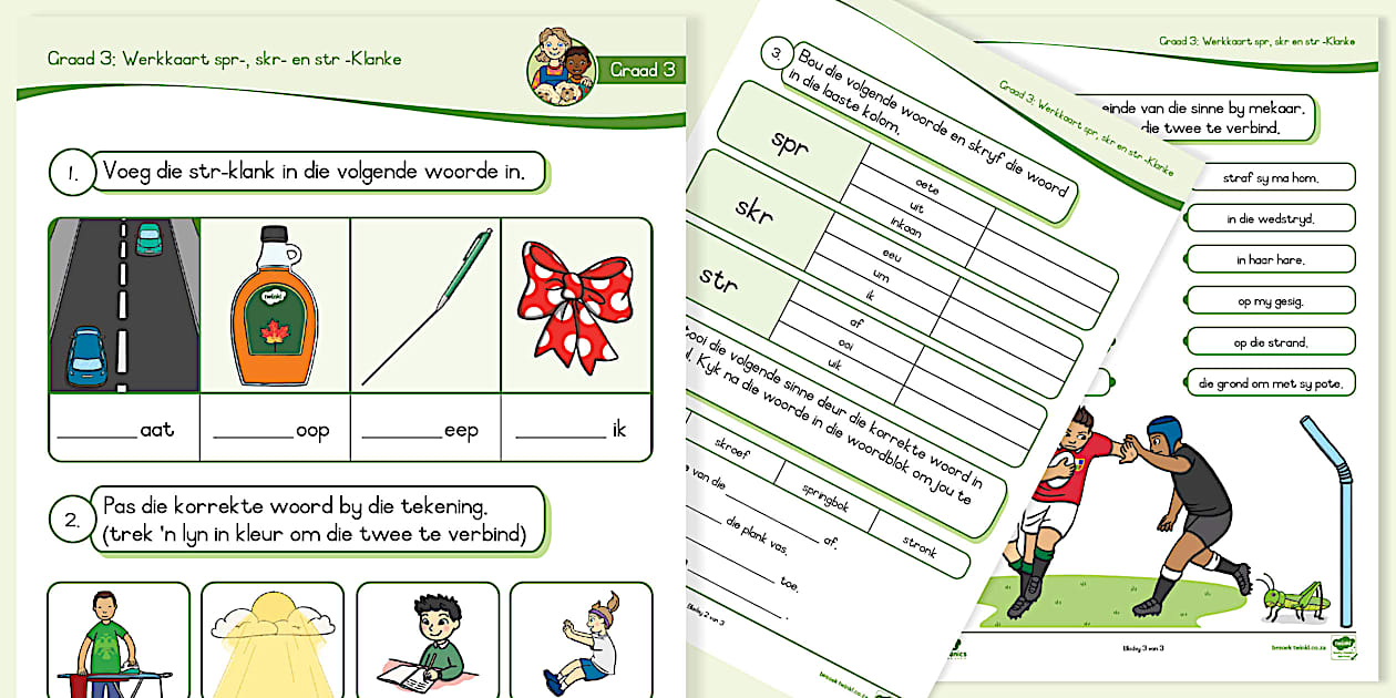 Graad 3 Klanke Werkkaarte spr-, skr- en str- - Twinkl