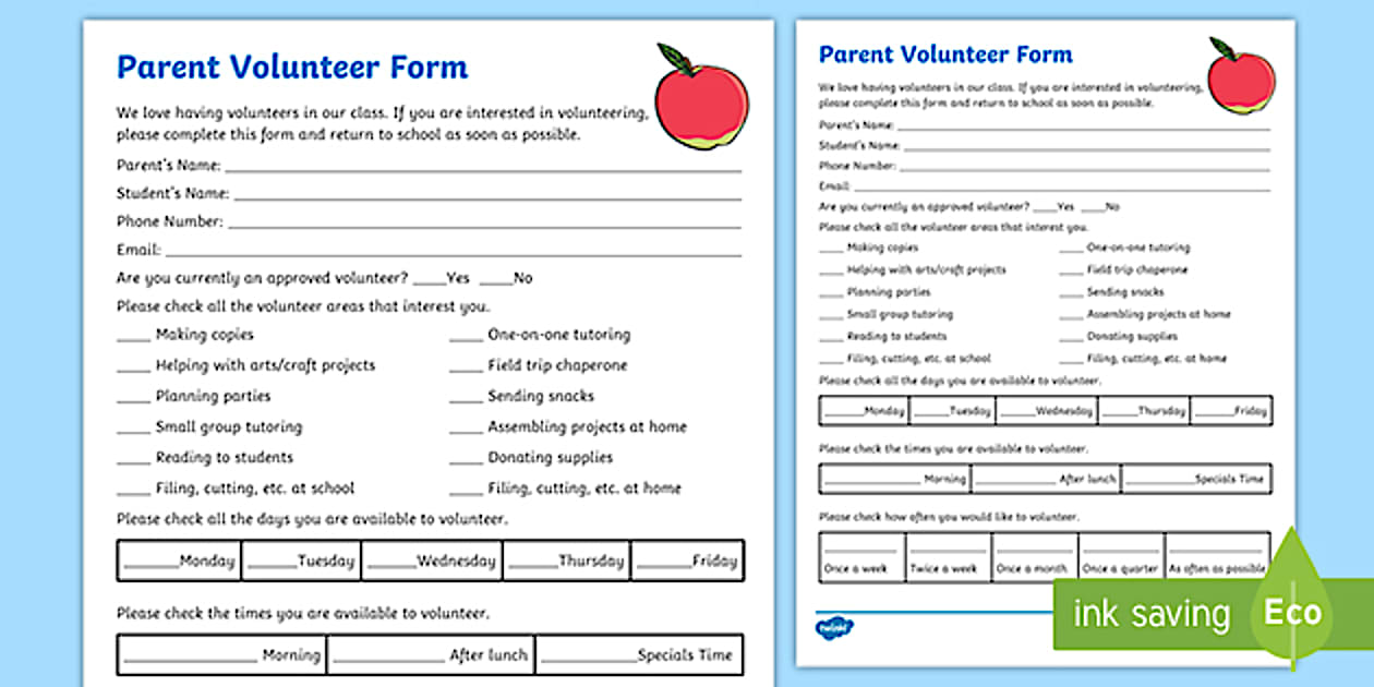 Editable Parent Volunteer Form (Teacher-Made) - Twinkl