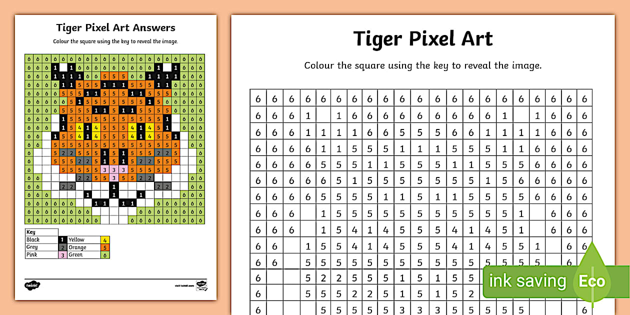 Tiger Pixel Art Template | Twinkl | Colouring | Tigers | KS1