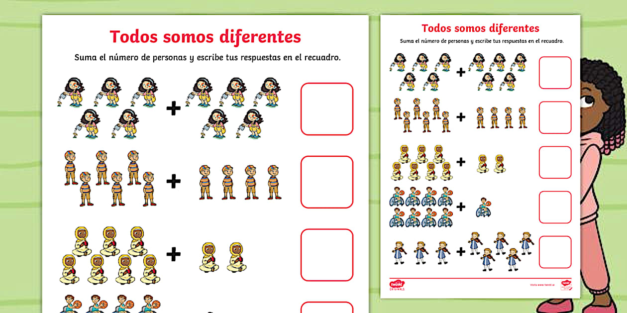 Todos somos diferentes - Hoja de cálculo de sumas hasta 10- Guía de trabajo