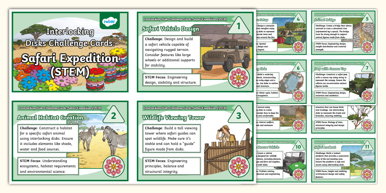 Interlocking Disks Challenge Cards: Safari Expedition (STEM)