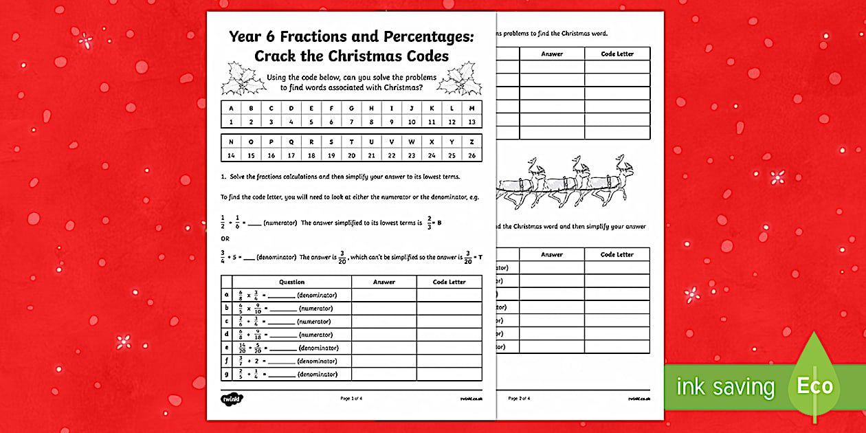 Christmas-Themed Year 6 Fractions and Percentages Worksheet