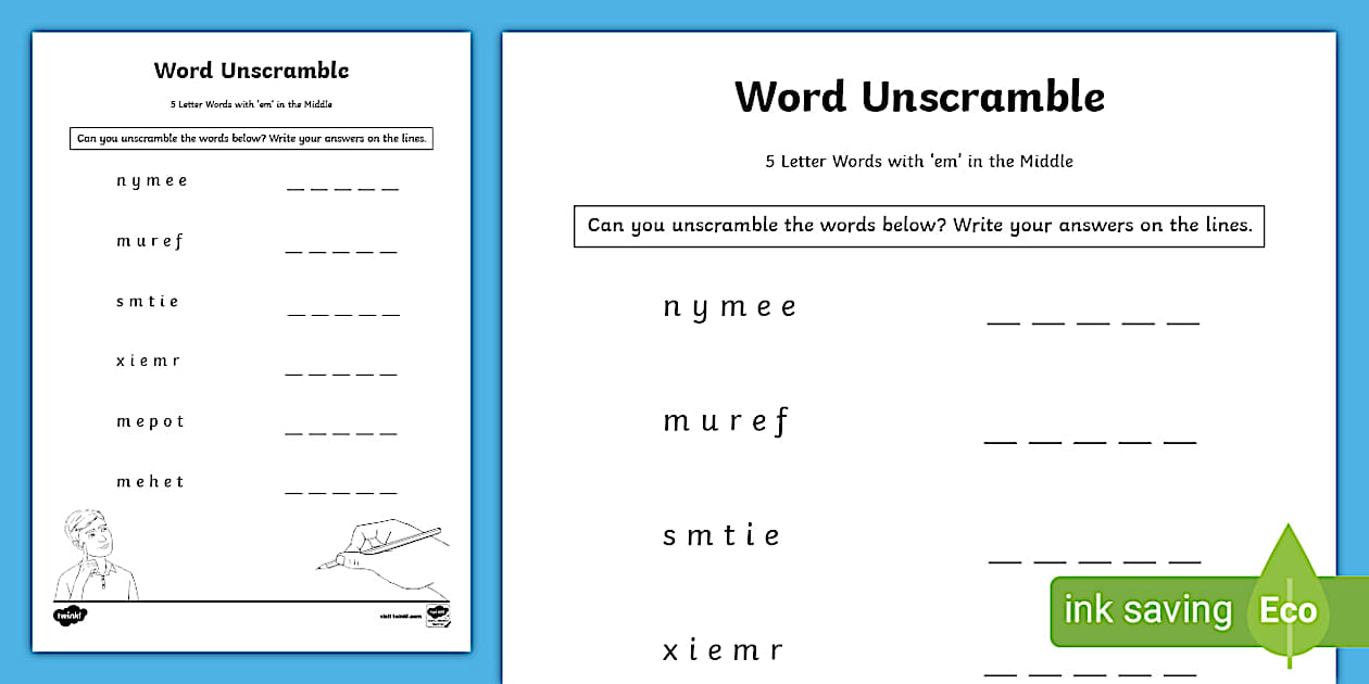 Unscramble the 5 Letter Words with 'em' in the Middle Worksheet