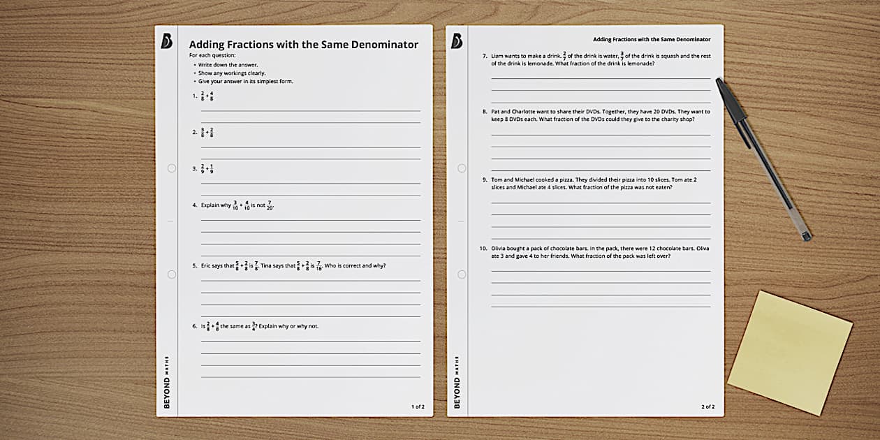 Adding Fractions with the Same Denominator Worksheet / Worksheet - Add