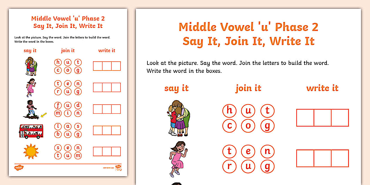Phase 2 Say It, Join It, Write It Activity: Middle Vowel 'u'