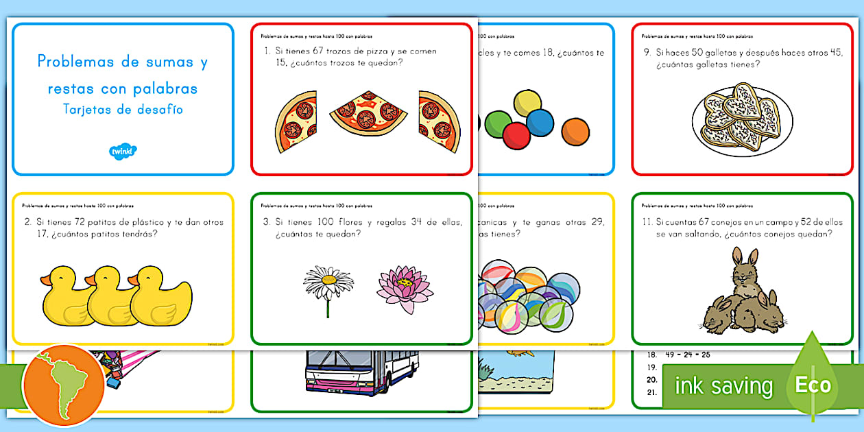 Tarjetas de desafío: Problemas de sumas y restas - Matemáticas- Guía de