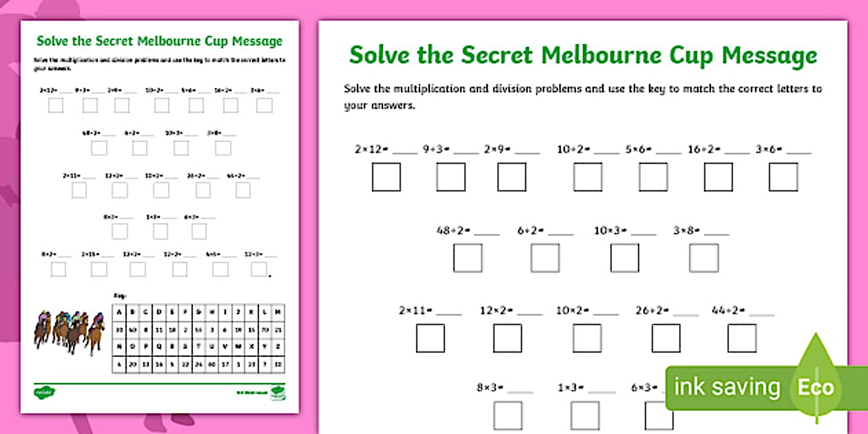 NSW Multiplication and Division Melbourne Cup Secret Message Worksheet