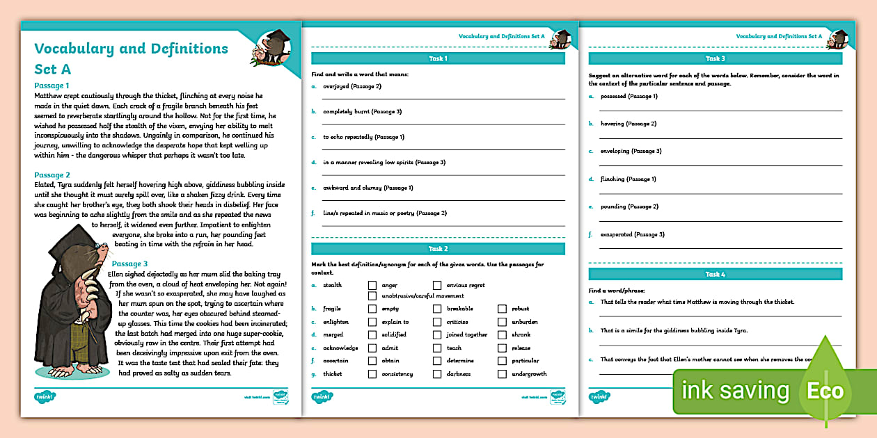 Vocabulary and Definitions Set A Activity Sheets - Twinkl