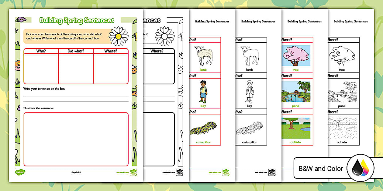 First Grade Building Spring Sentences Worksheet - Twinkl